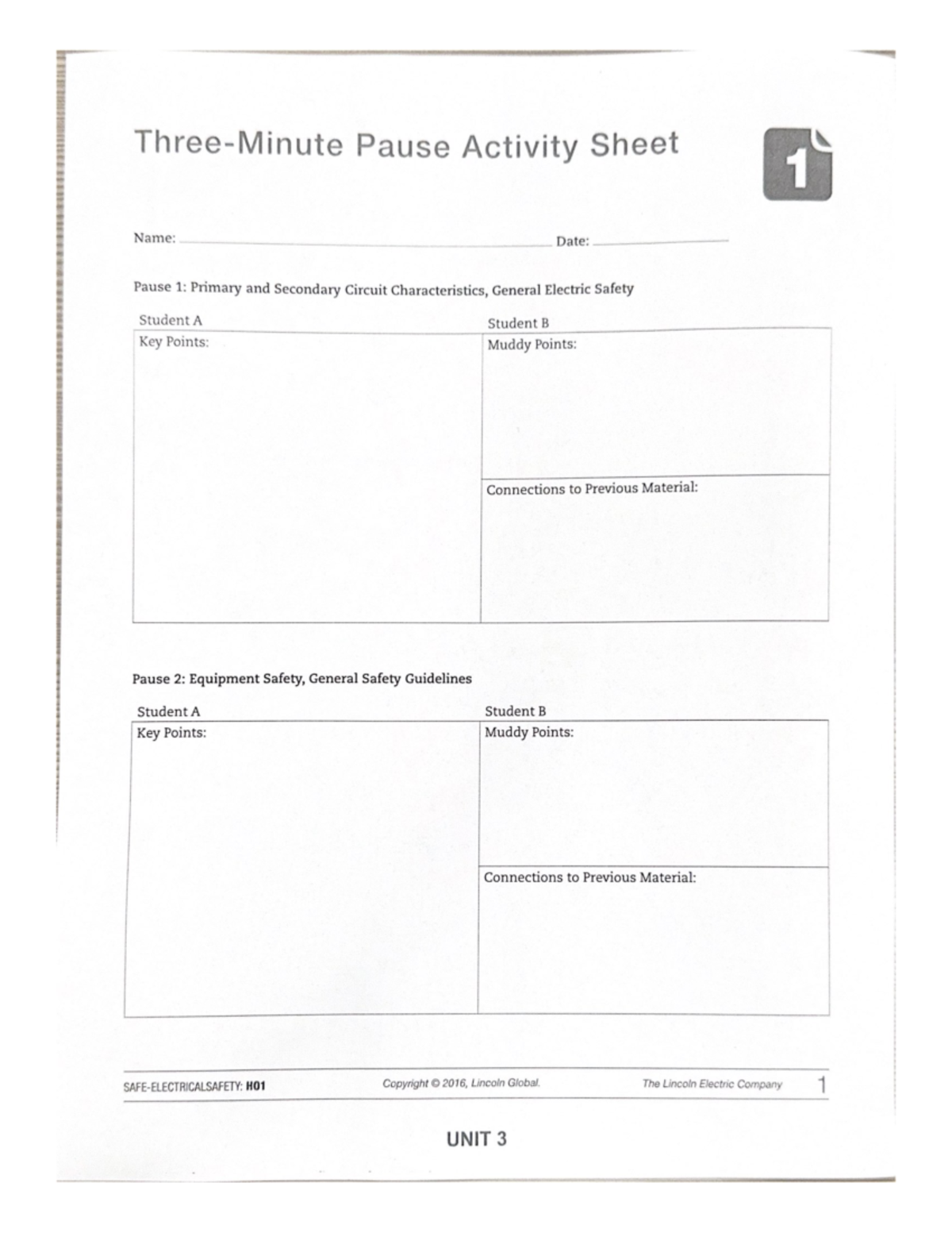 Three-Minute Pause Activity Sheet - Pause Activity Sheet 1 Name: Date ...