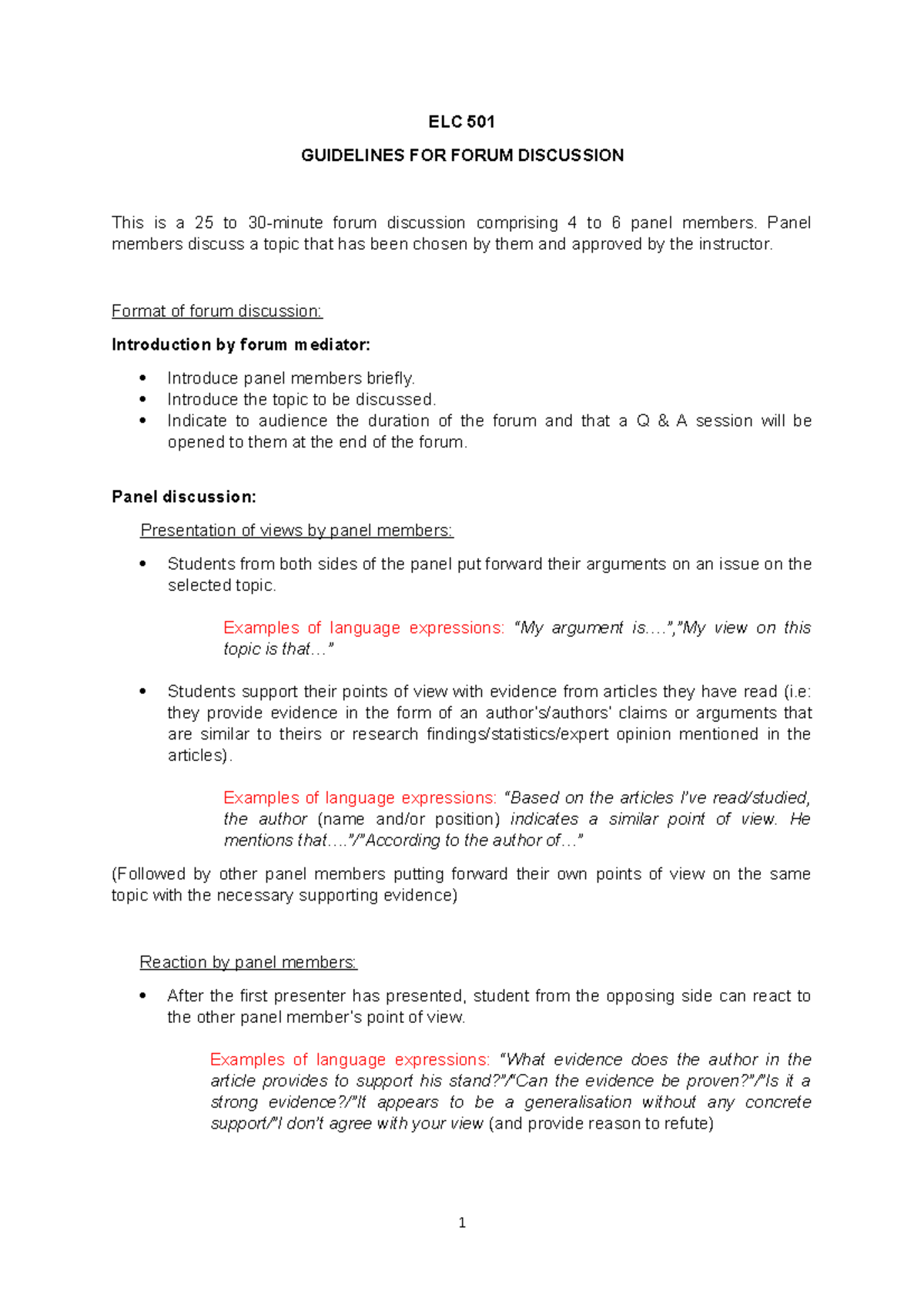 Lecture Assignment 2 Forum Discussion Guide - ELC 501 GUIDELINES FOR ...