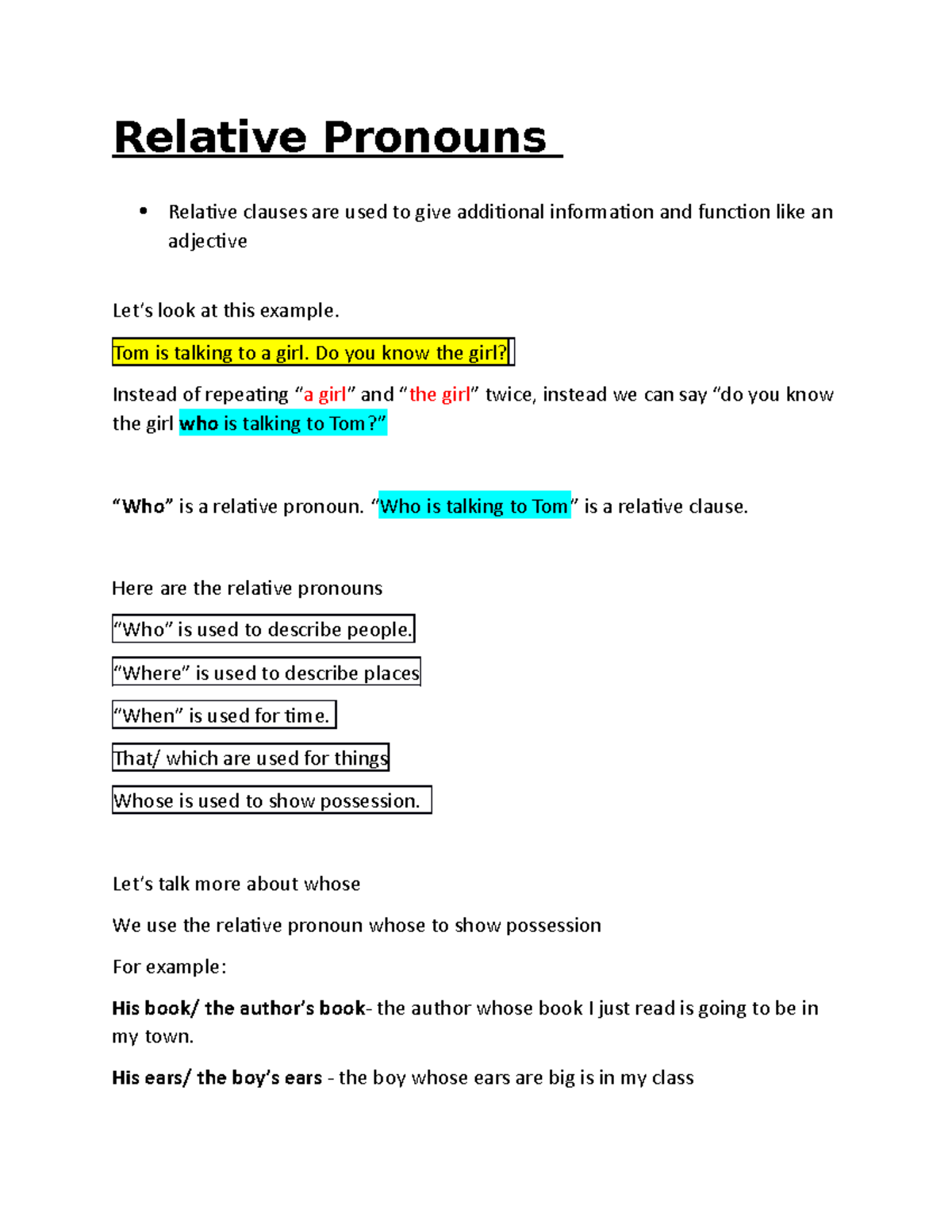 Relative Pronoun (Teacher Version) - Relative Pronouns Relative clauses ...