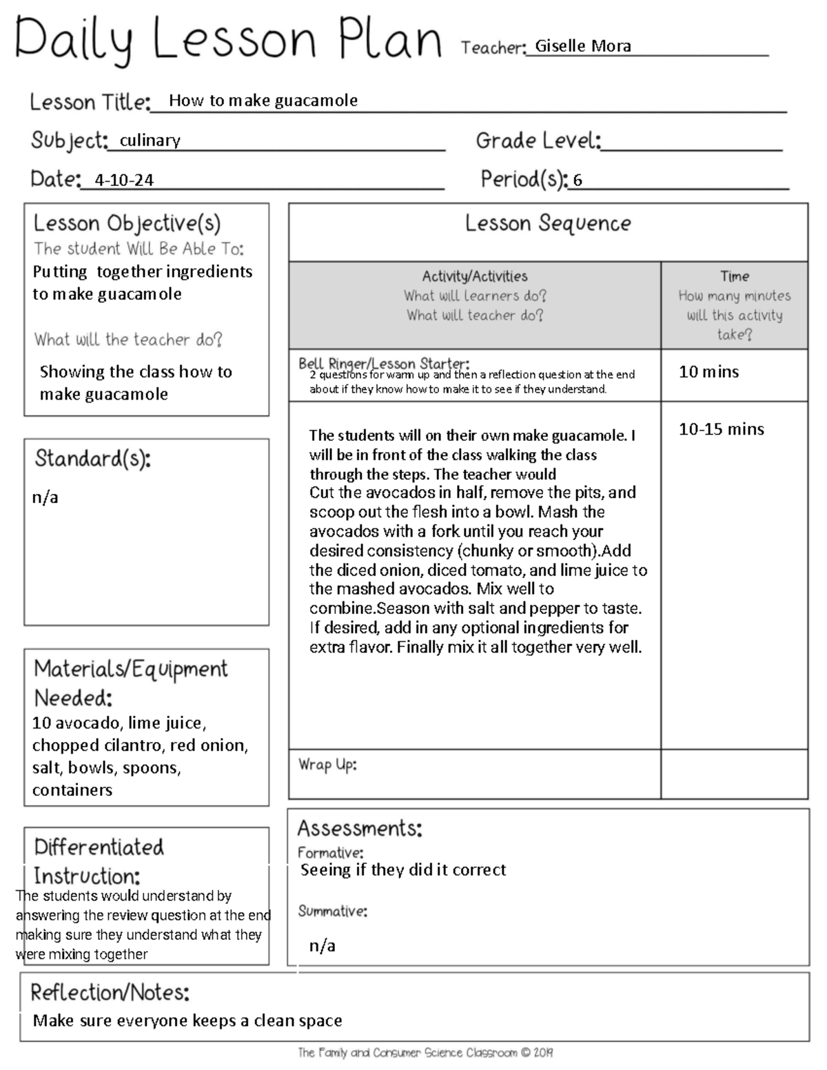 Copy of Daily Lesson Plan Template - How to make guacamole culinary 4 ...