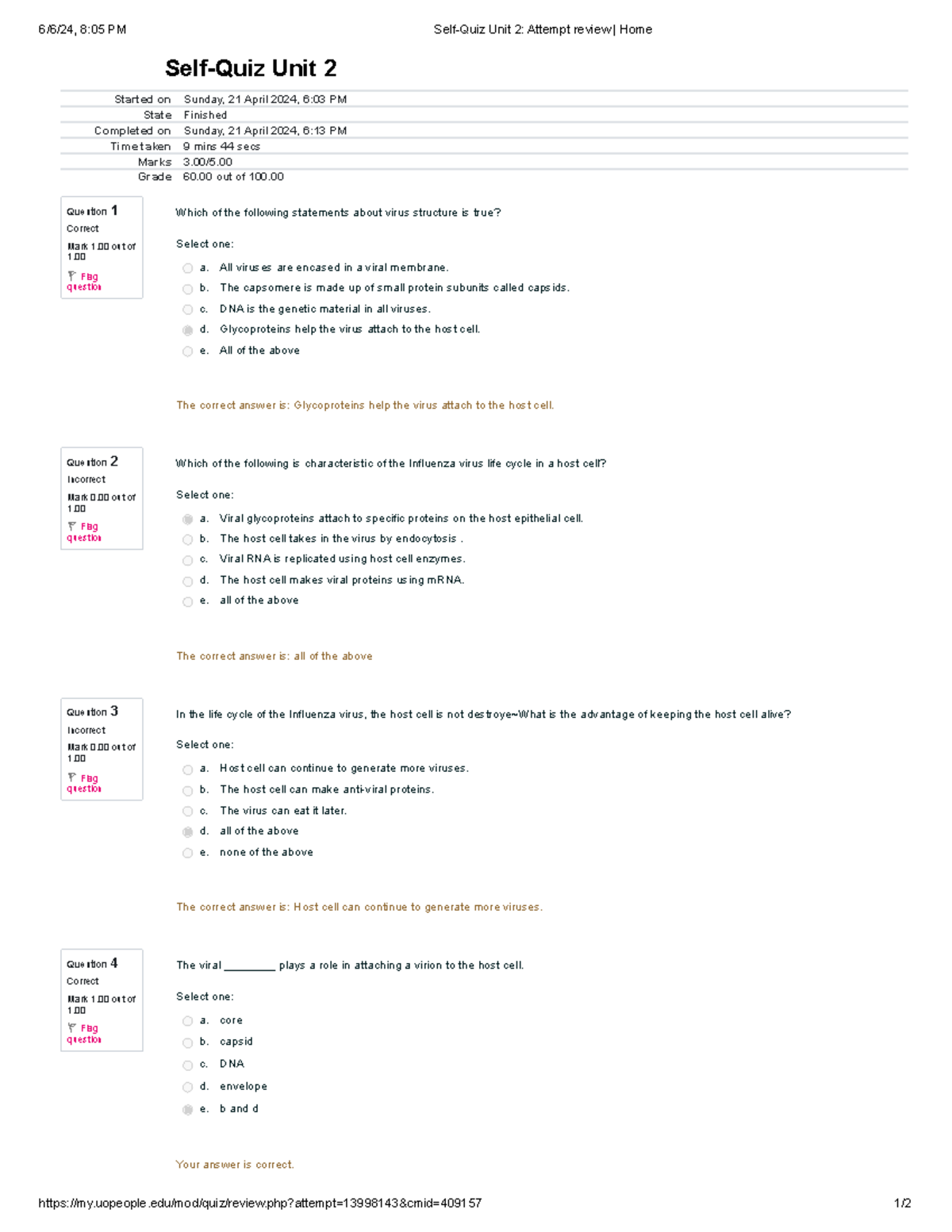 BIOL 1122 2 Self-Quiz Unit 2 Attempt 2 - Question 1 Correct Mark 1 out of 1. Flag question ...