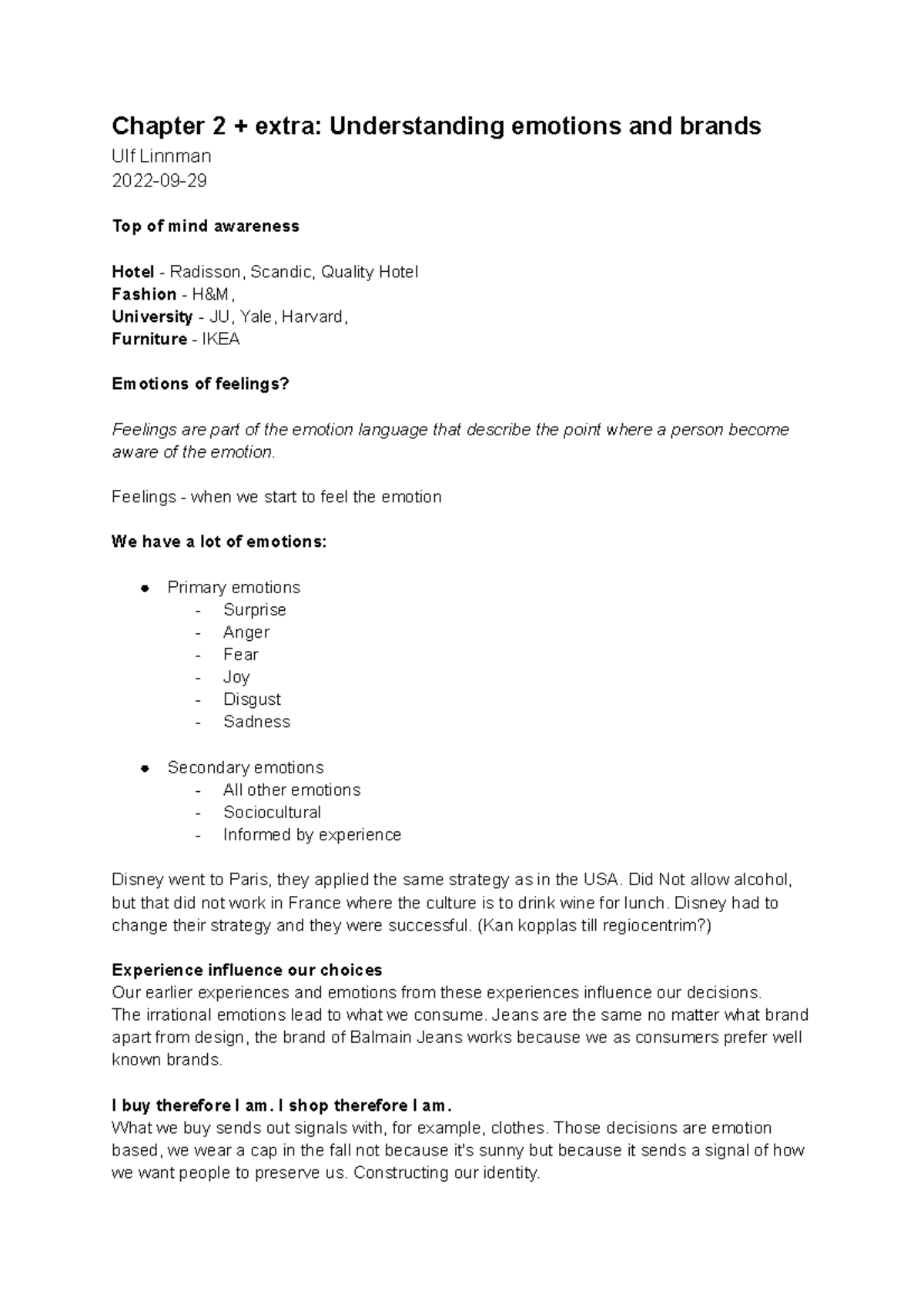 Chapter 2 + extra Understanding emotions and brands - Chapter 2 + extra ...