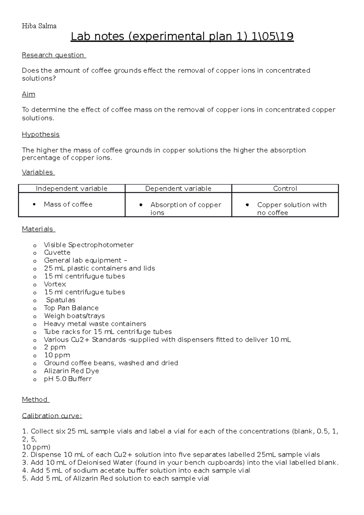 Lab Notes experiment 1 - practical - Lab notes (experimental plan 1) 1 ...