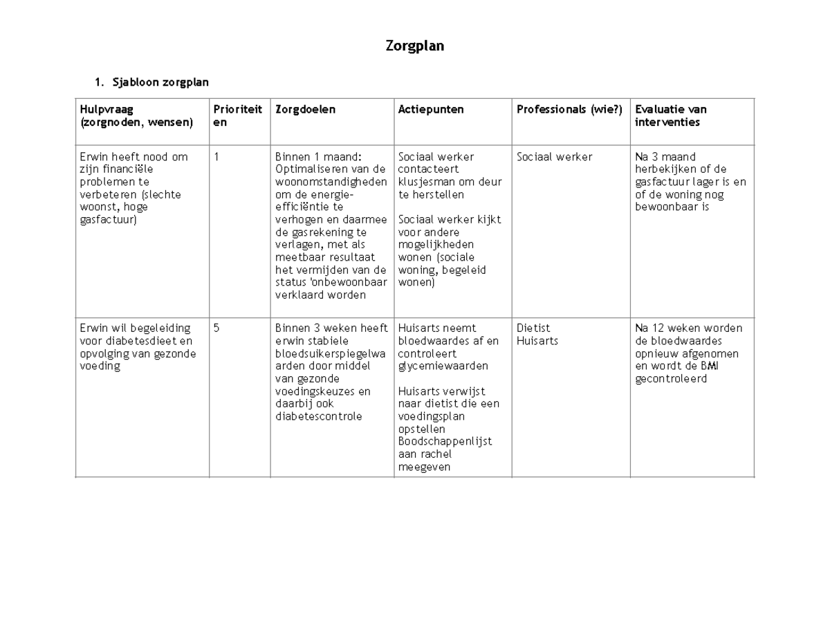 Sjabloon zorgplan - 1. Sjabloon zorgplan Hulpvraag (zorgnoden, wensen ...