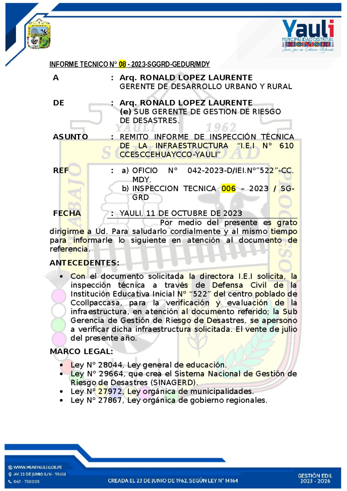 Informe Tecnico I.E.I N°522-CC-MDY - INFORME TECNICO N° 08 - 2023-SGGRD ...