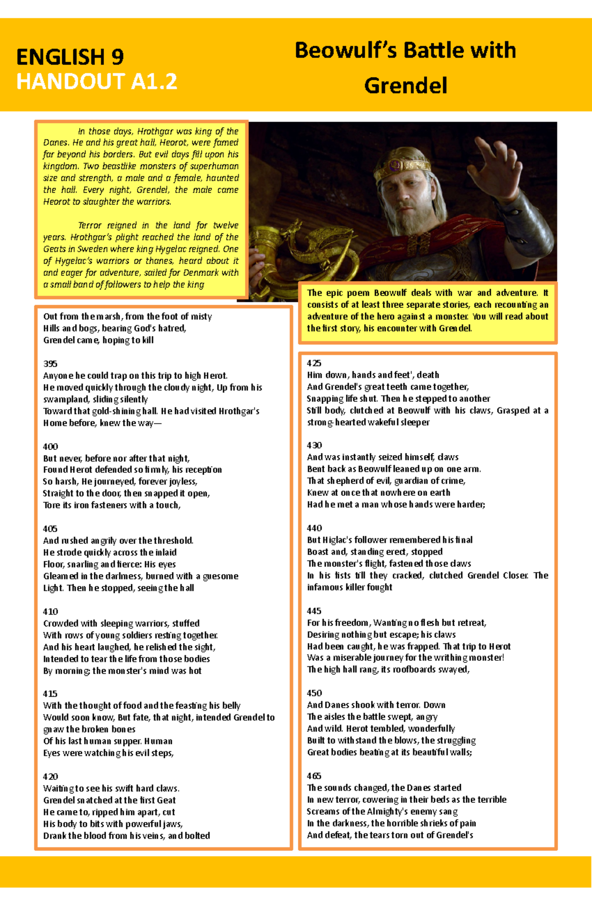 Handout 9A1.2 - Beowulf's Battle with Grendel - Beowulf’s Battle with ...