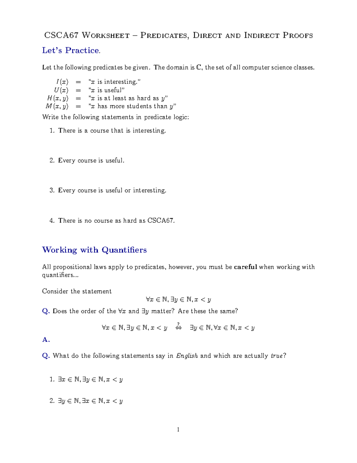 A67 w3 - Week 3 Notes - CSCA67 Worksheet – Predicates, Direct and ...