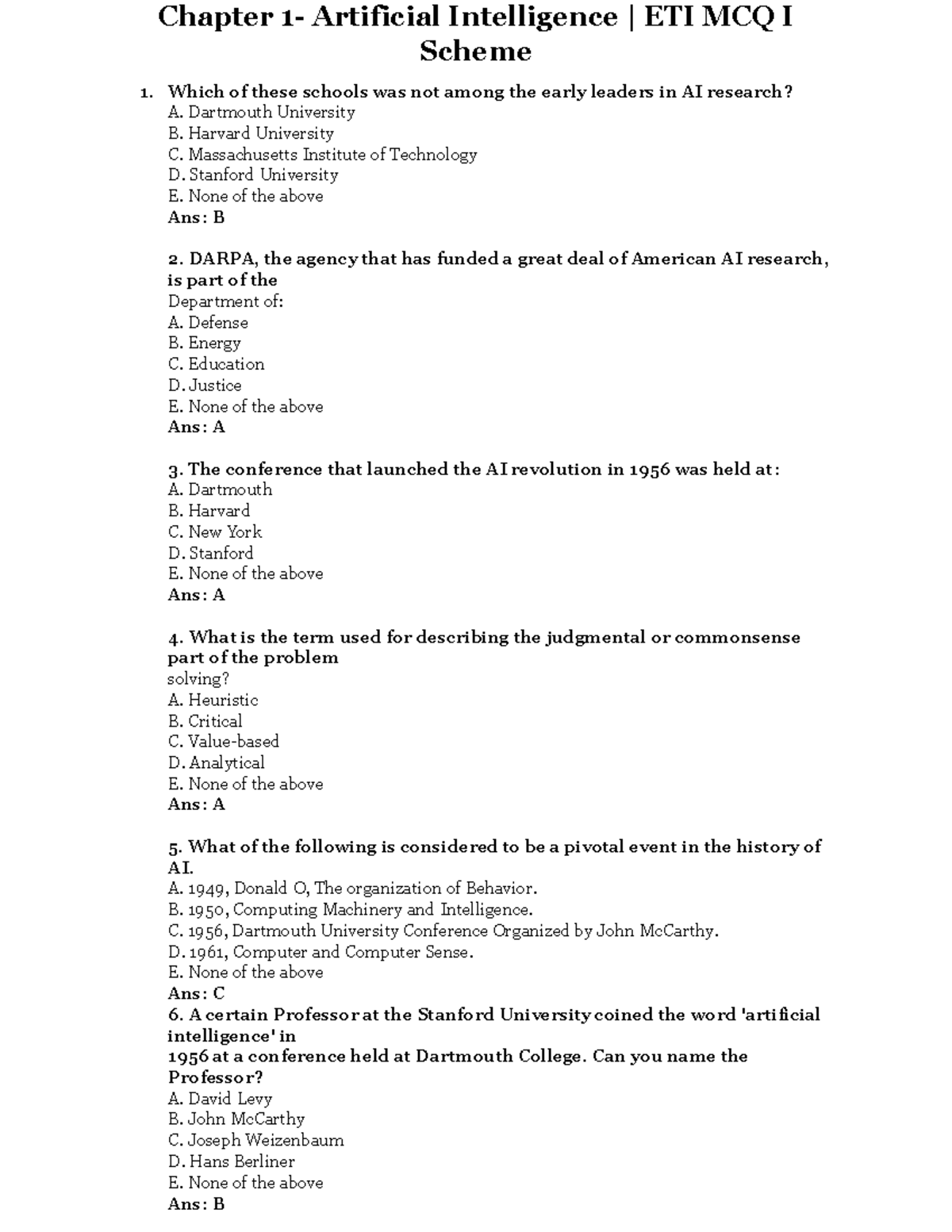 Chapter 1 Artificial Intelligence MCQ - Dartmouth University B. Harvard ...