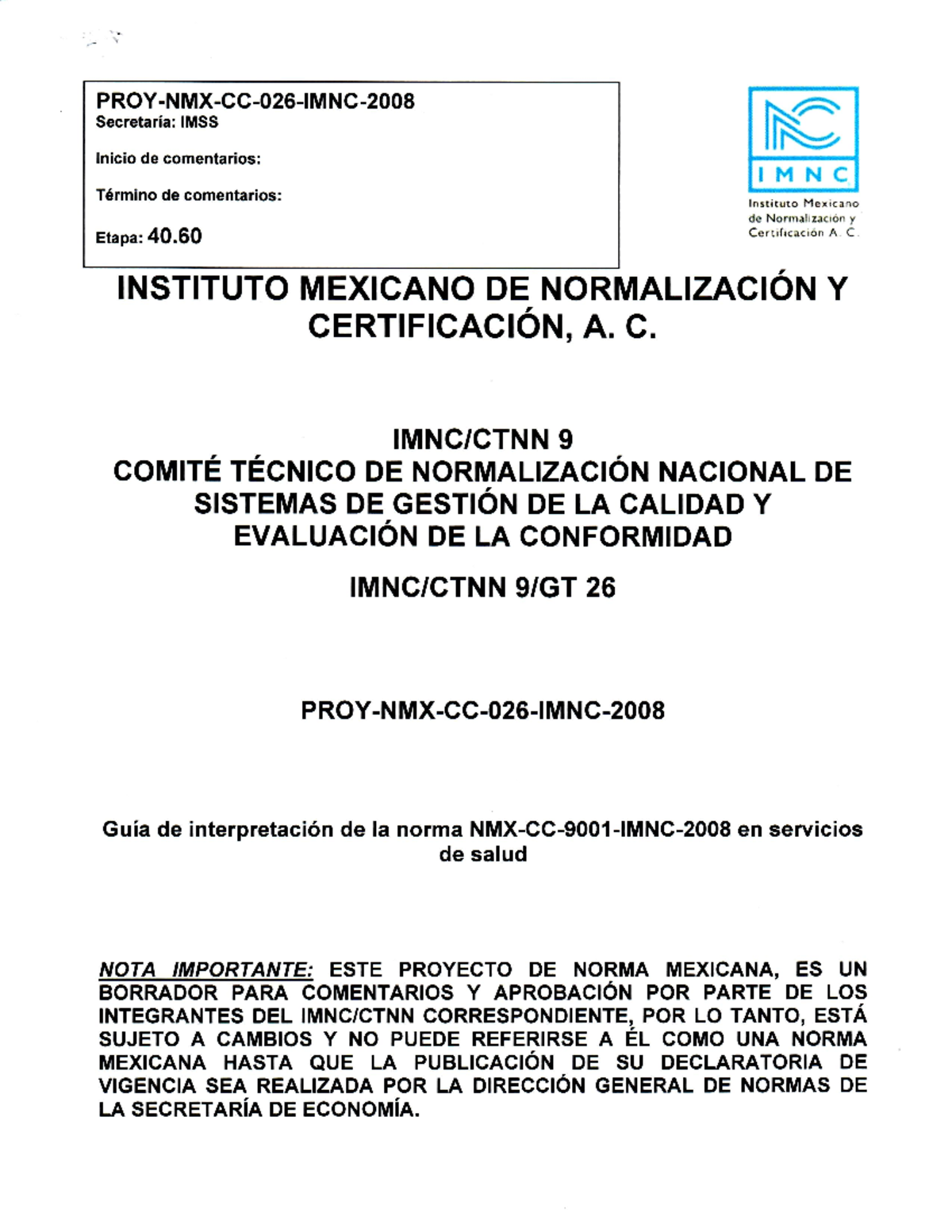 PROY NMX CC 026 IMNC 2008 - Medicina - Studocu