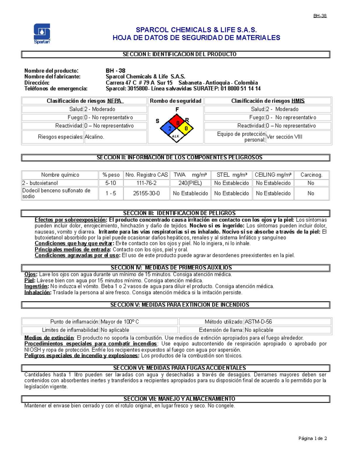 BH-38 Hde S - FDS BH-38 - BH- SPARCOL CHEMICALS & LIFE S.A. HOJA DE ...