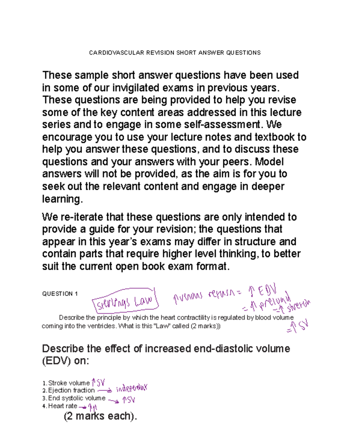 Cardiovascular SAQs and Notes - CARDIOVASCULAR REVISION SHORT ANSWER ...