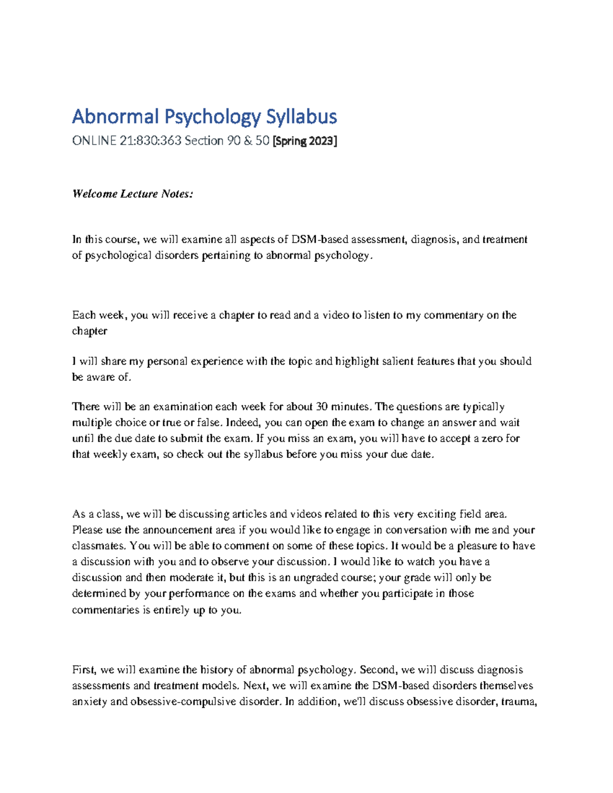 Welcome Lecture Notes - Abnormal Psychology Syllabus ONLINE 21:830:363 ...