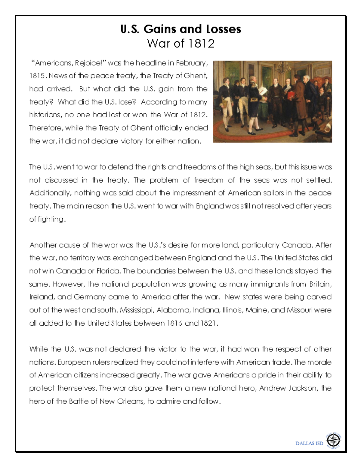 war of 1812 lecture notes - U. Gains and Losses War of 1812 “Americans ...