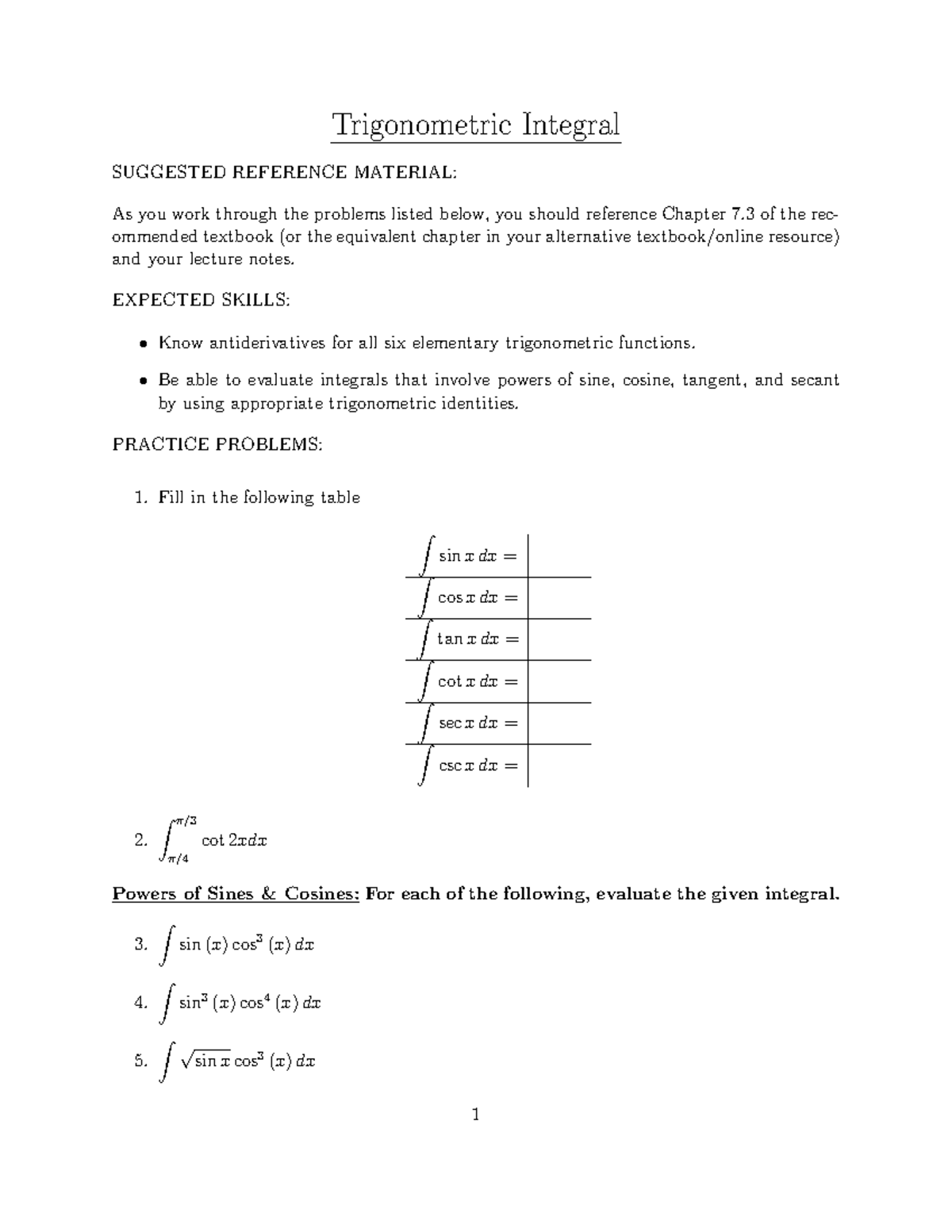 Homework TRIG - Trigonometric Integral SUGGESTED REFERENCE MATERIAL: As ...