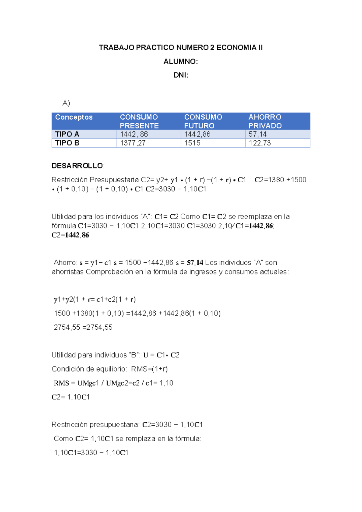 TP2 Economia II - TRABAJO PRACTICO NUMERO 2 ECONOMIA II ALUMNO: DNI: A) Conceptos CONSUMO ...