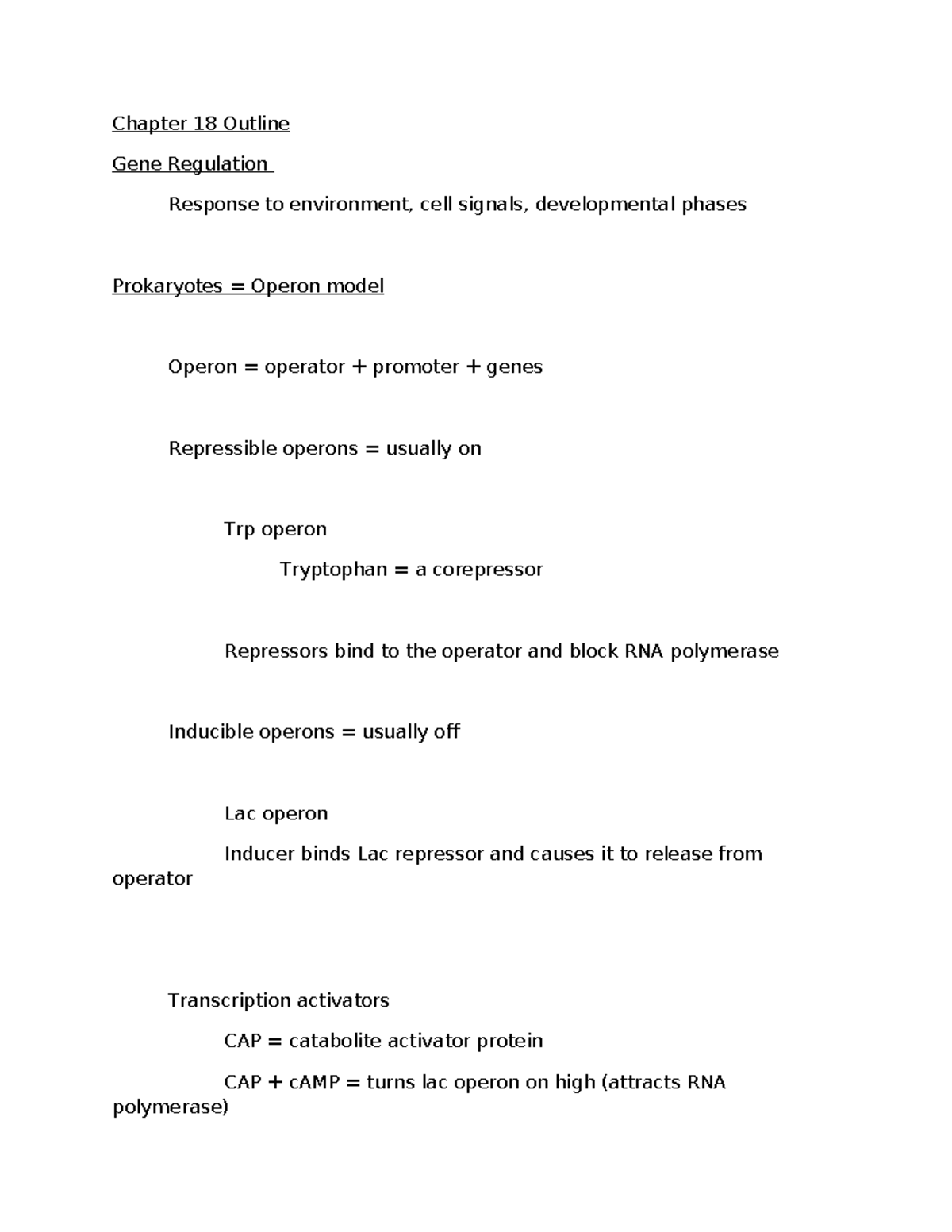 Chapter 18Outline - Chapter 18 Outline Gene Regulation Response to ...