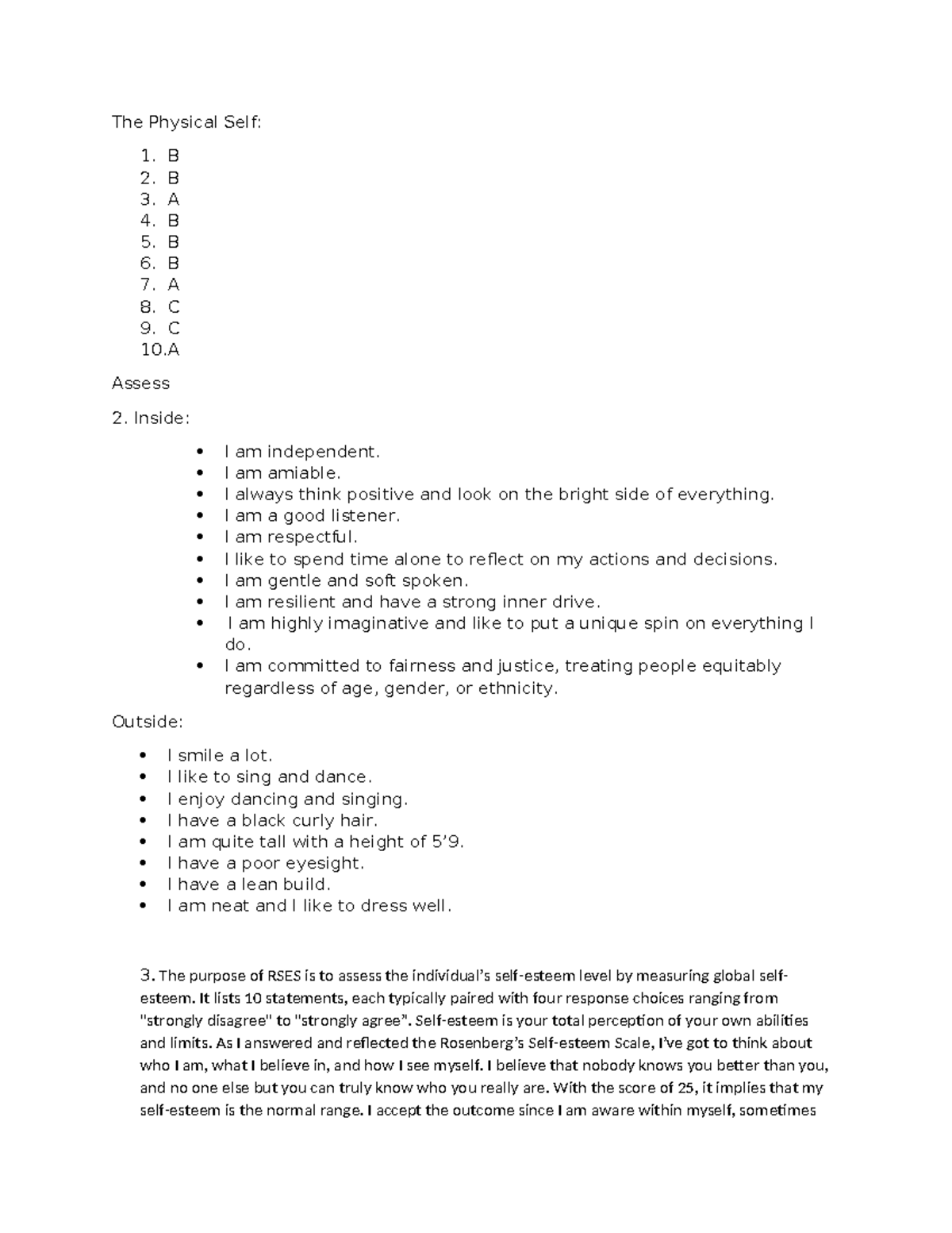 UTS-The Physical Self - with answers - The Physical Self: 1. B 2. B 3 ...