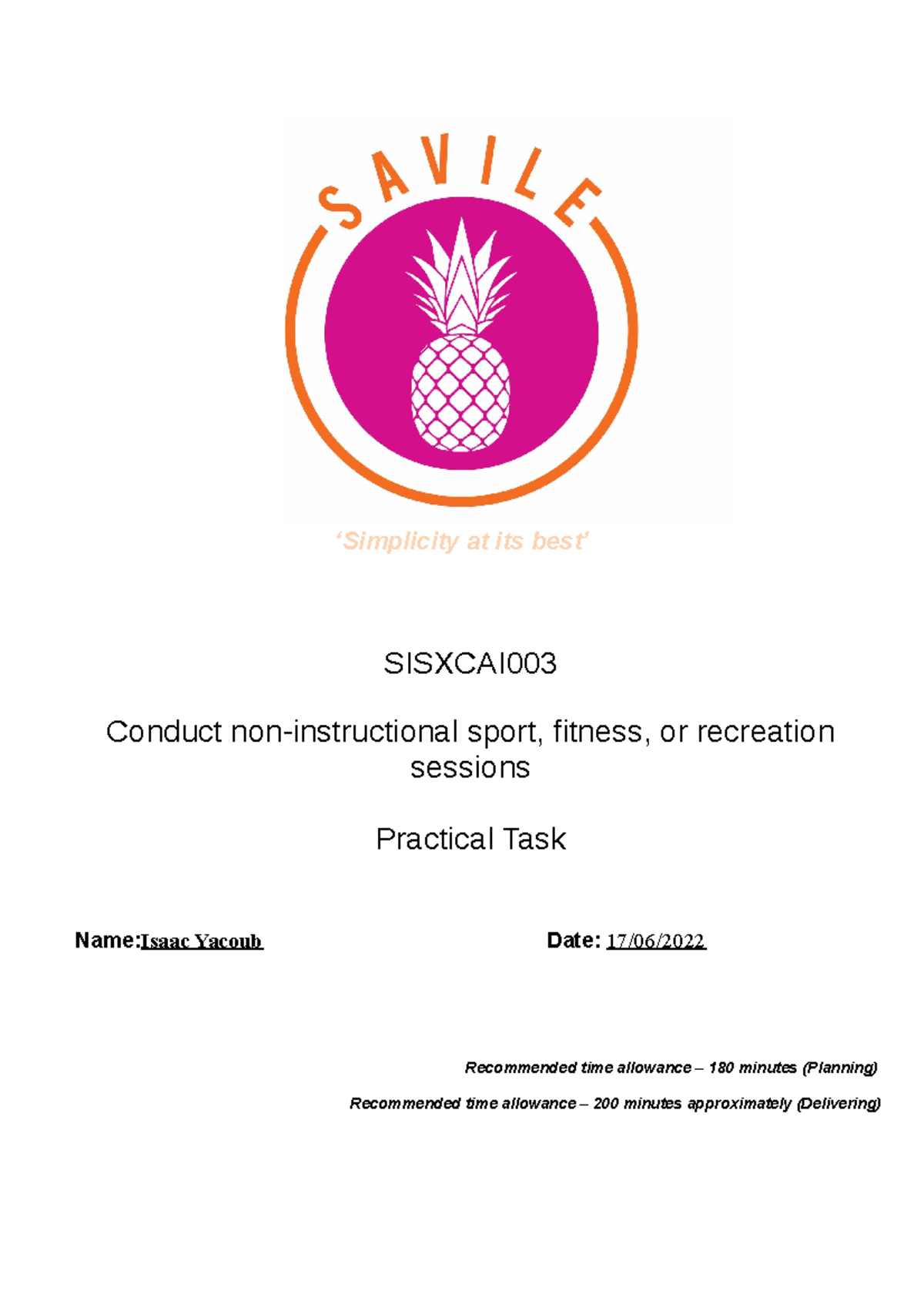 Conduct sport fitness or recreation sessions Practical Task - Studocu