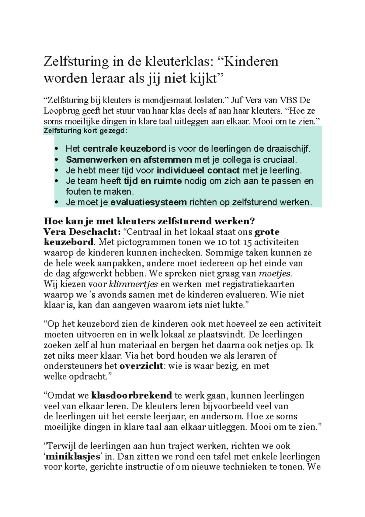 Zelfsturing in de kleuterklas - ” Juf Vera van VBS De Loopbrug geeft het stuur van haar klas ...
