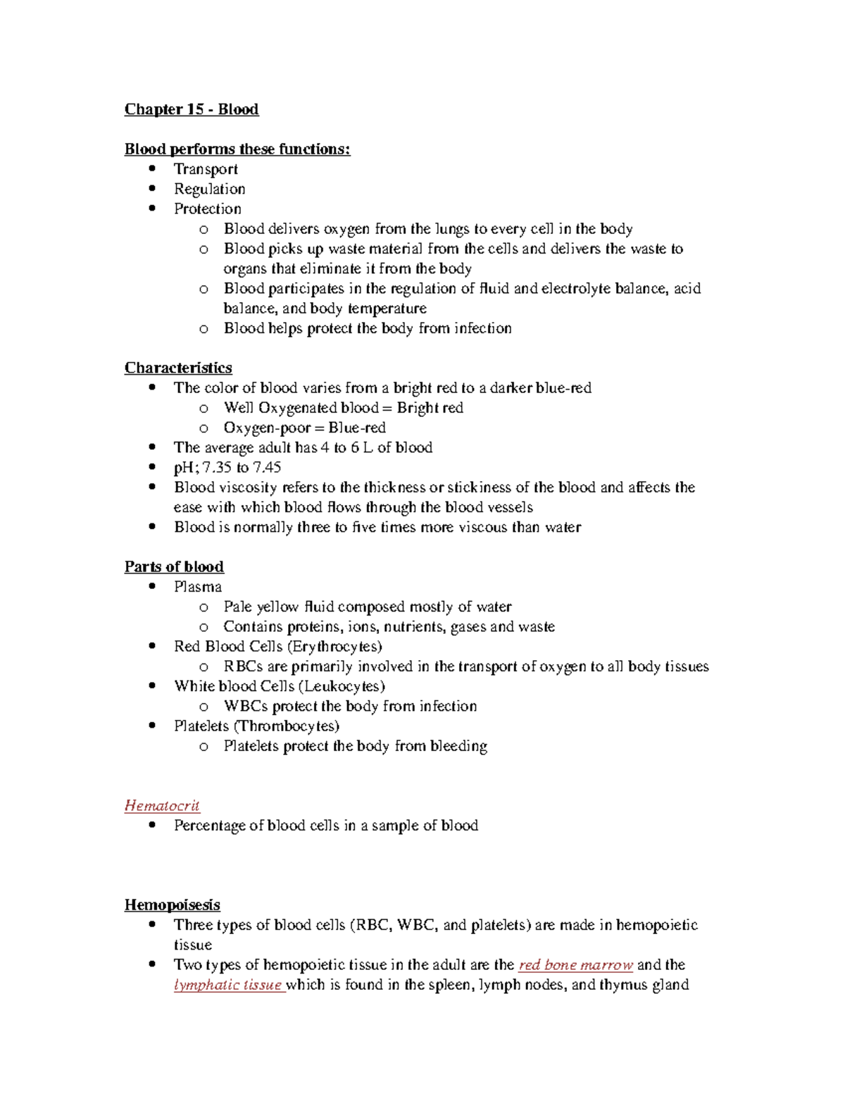 Blood notes - Chapter 15 - Blood Blood performs these functions ...