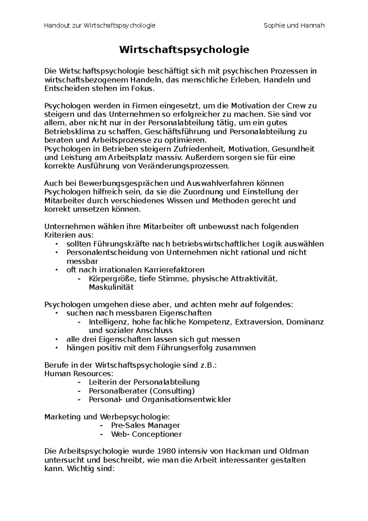 Wirtschaftspsychologie Handout - Handout zur Wirtschaftspsychologie ...