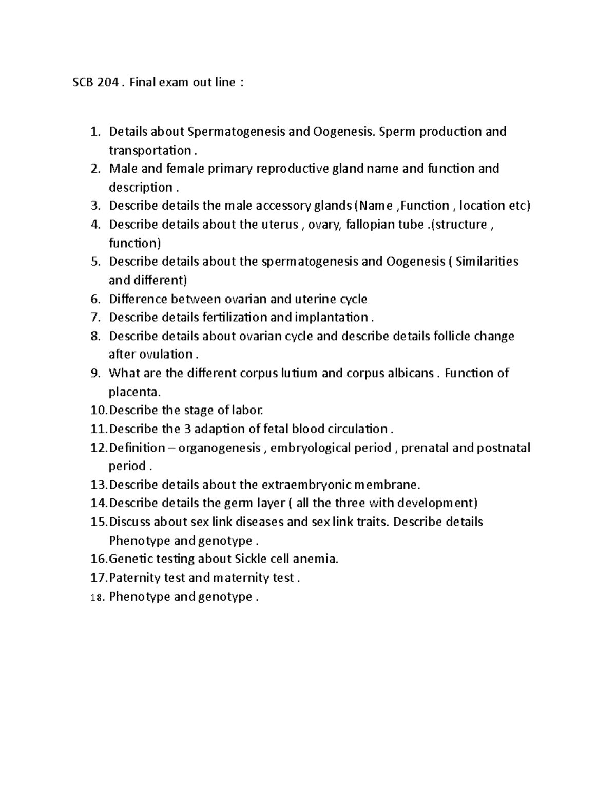 SCB 204 Final exam outline - SCB 204. Final exam out line : Details about Spermatogenesis and ...