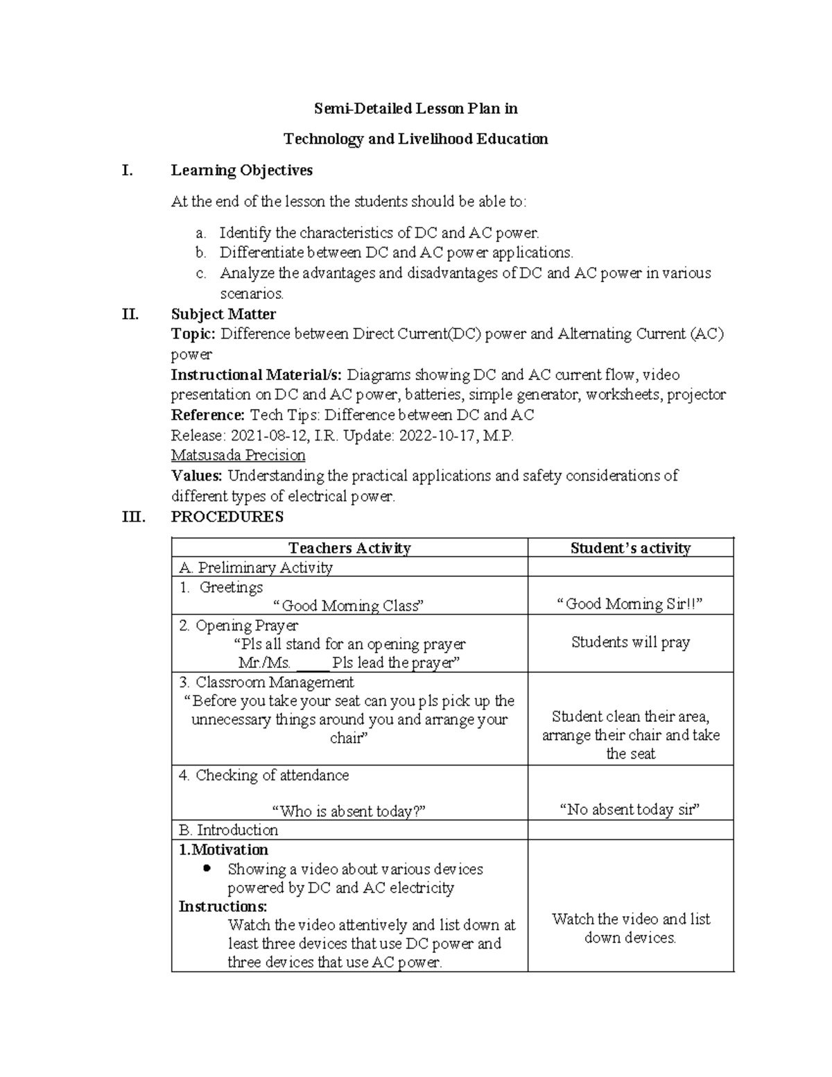 Lessonplan in ac dc - Semi-Detailed Lesson Plan in Technology and ...