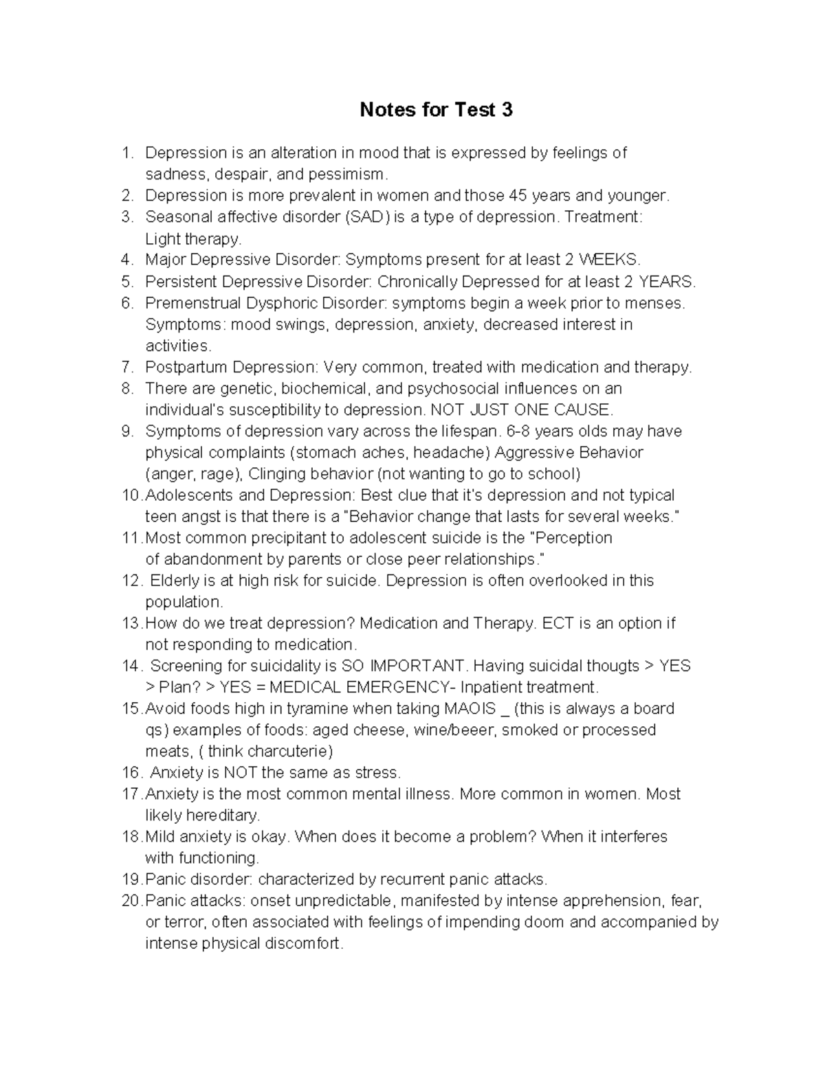 205 week 3 notes - Notes for Test 3 1. Depression is an alteration in ...