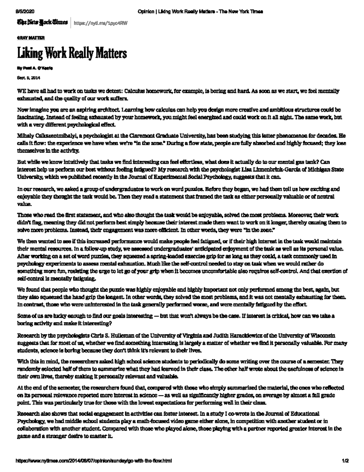 Liking Work Really Matters - PSY-260 - Studocu