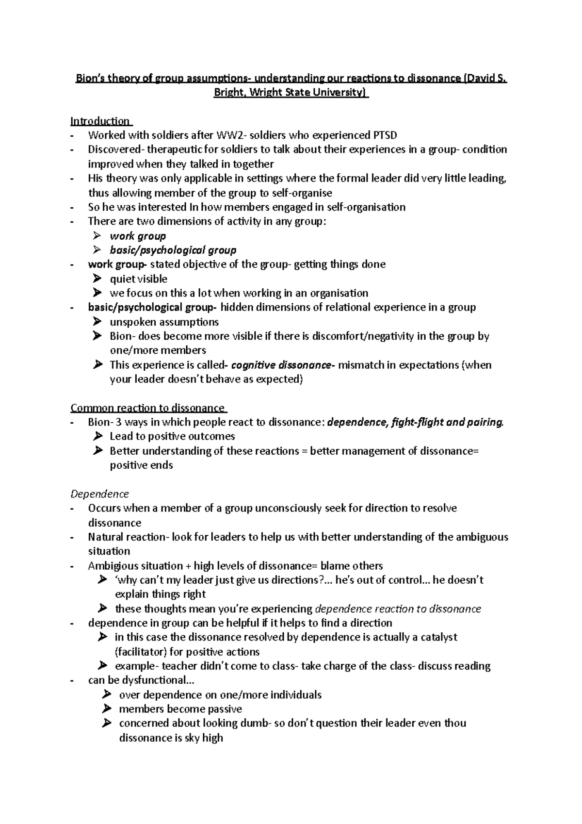 Wilfred Bions theory of group assumptions - Bion’s theory of group ...
