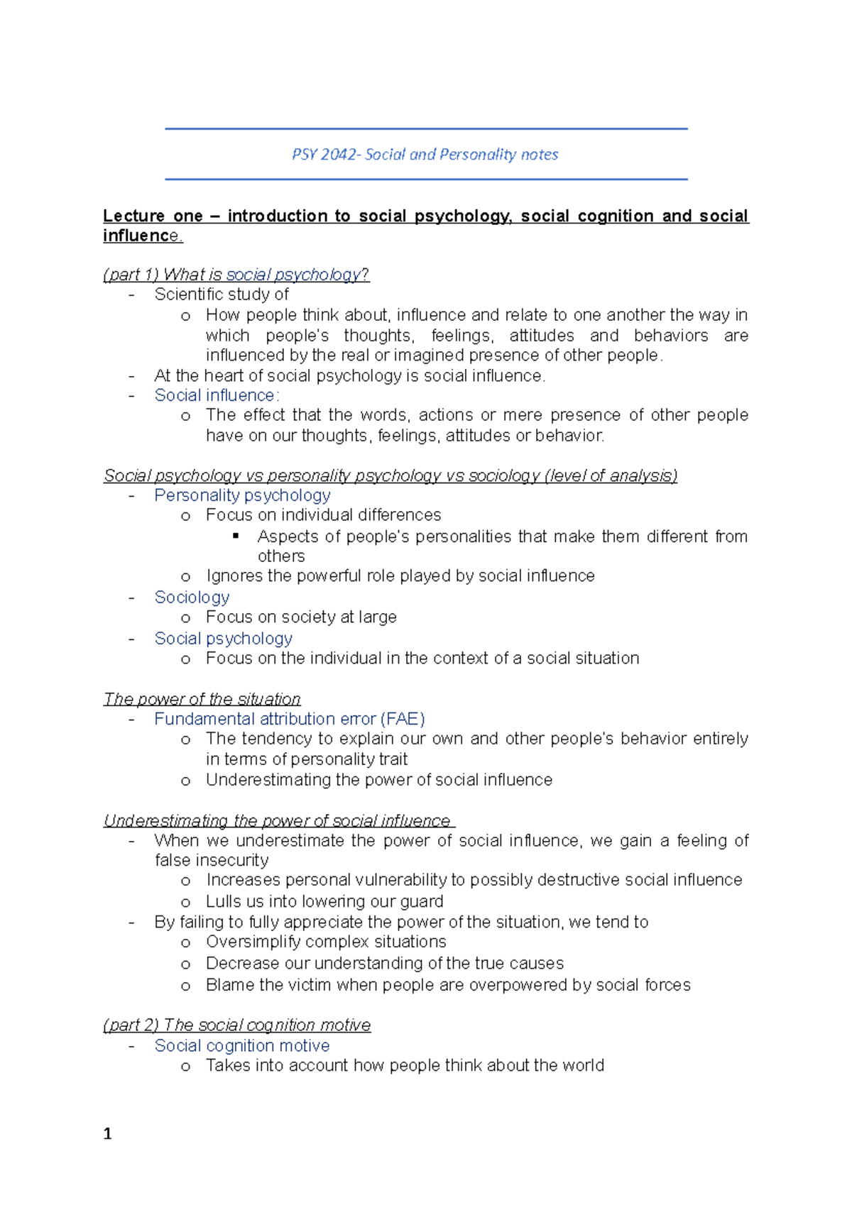 PSY 2042 - notes - PSY 2042- Social and Personality notes Lecture one ...