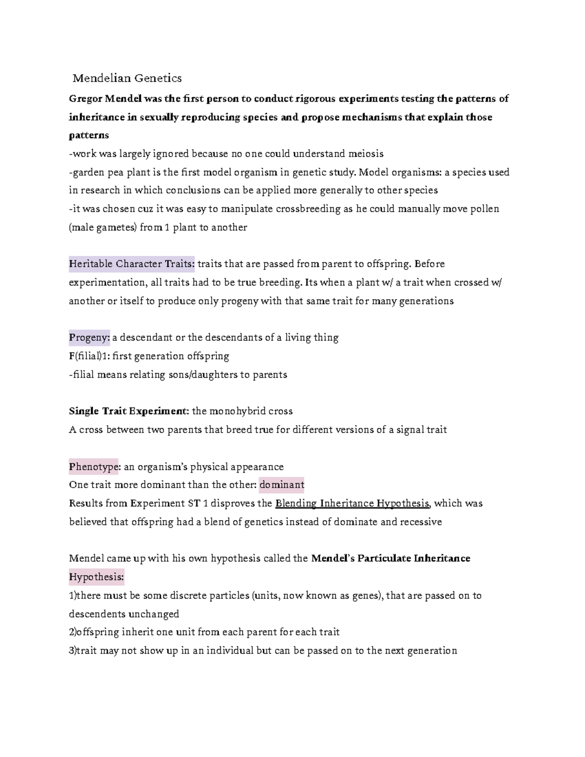 Bio101 - lecture notes + terms and examples - Mendelian Genetics Gregor ...