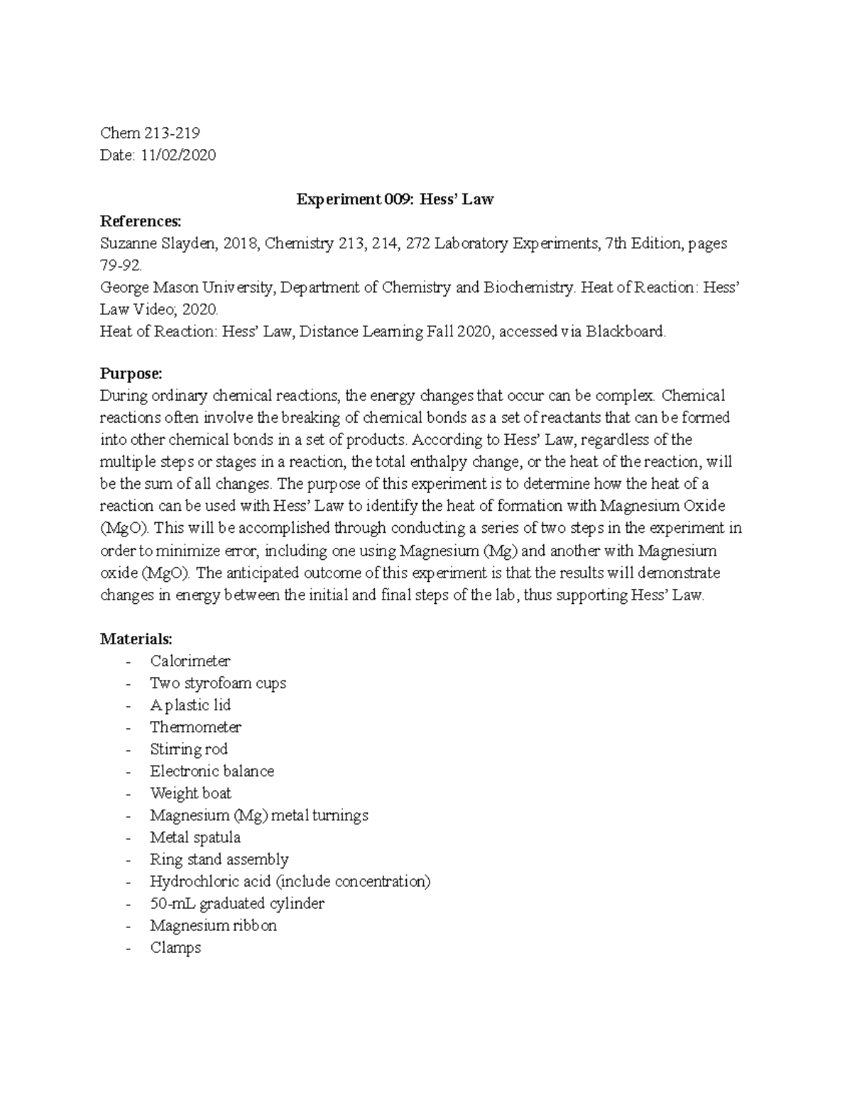 Hess' Law - This is a lab report for Chem-213 at George Mason ...