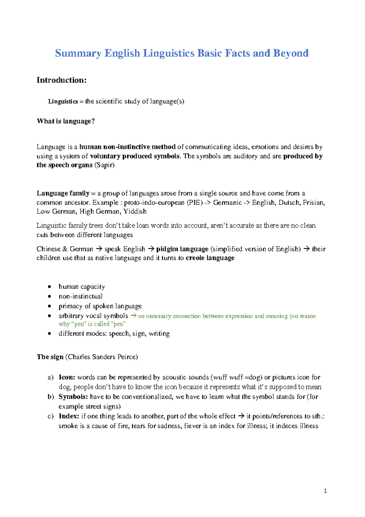 Summary: English Linguistics - Basic Facts and Beyond - Summary English ...