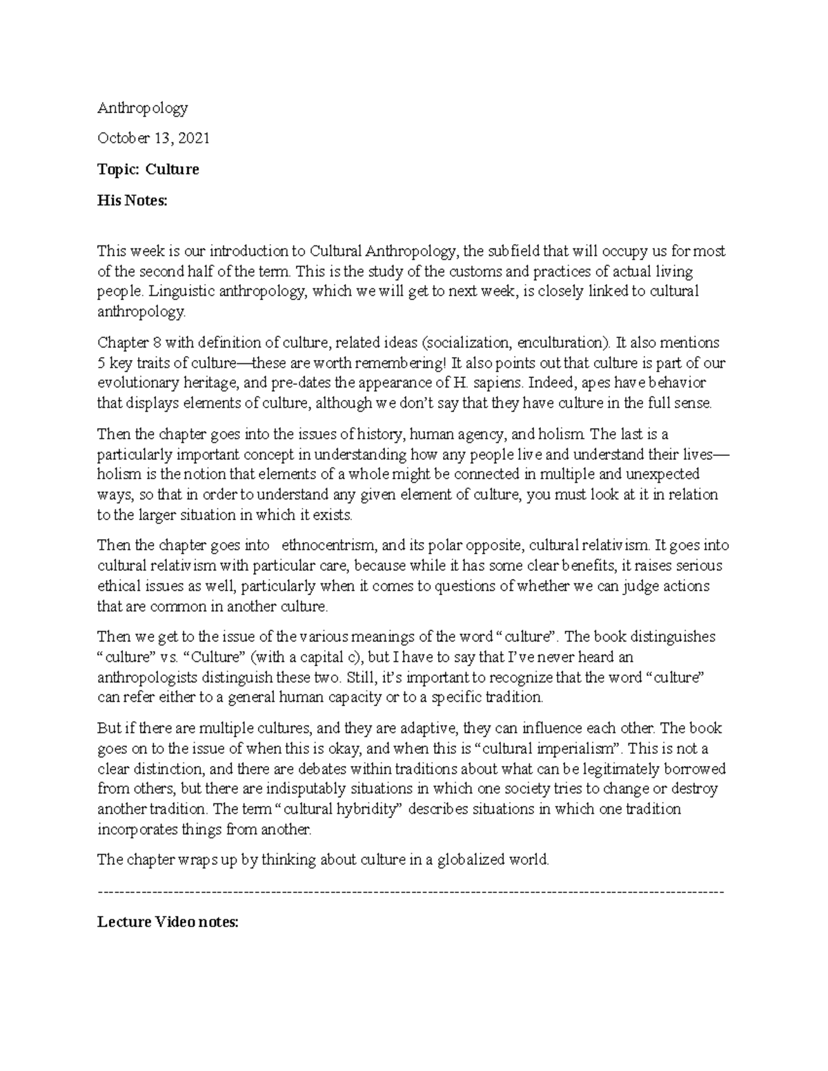 Anthropology notes culture - Anthropology October 13, 2021 Topic ...