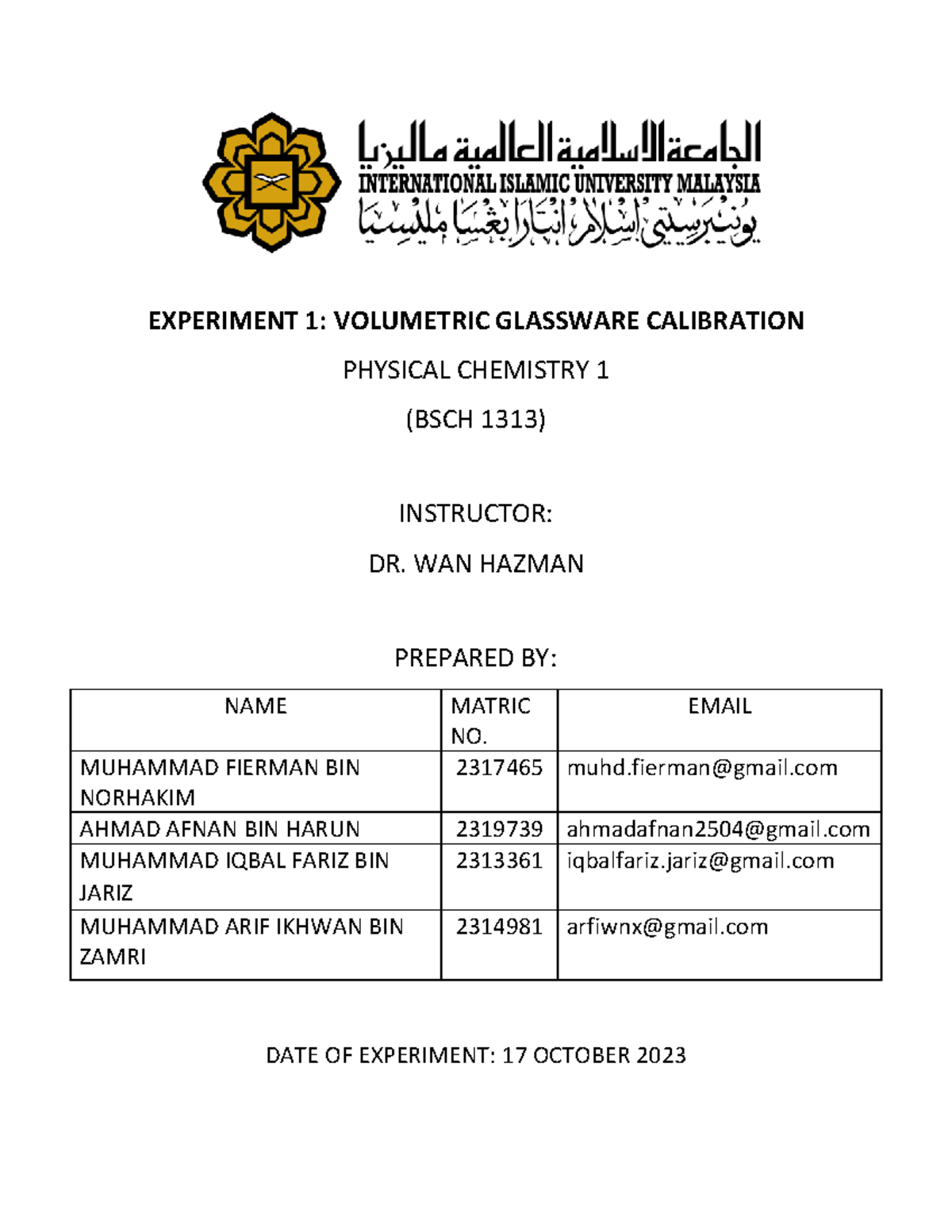 LAB Report Physical CHEM EXP - EXPERIMENT 1: VOLUMETRIC GLASSWARE ...