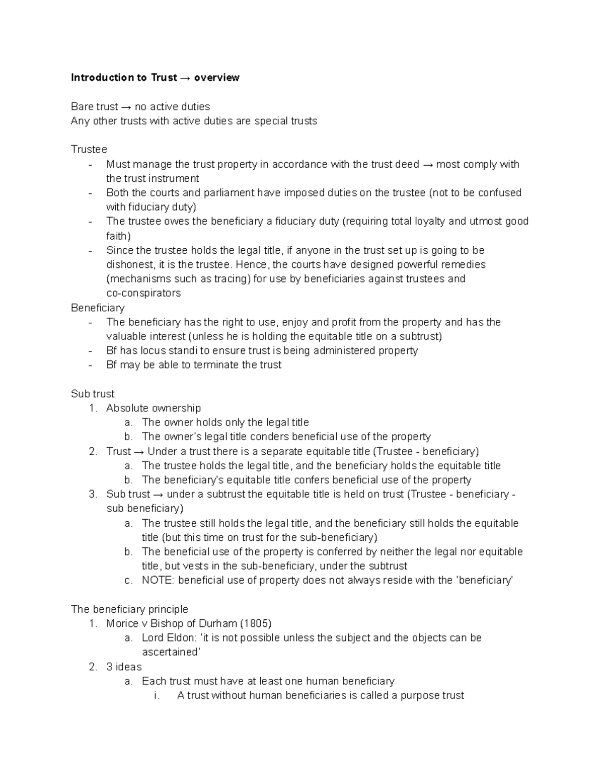 Notes - Introduction to Trust → overview Bare trust → no active duties ...