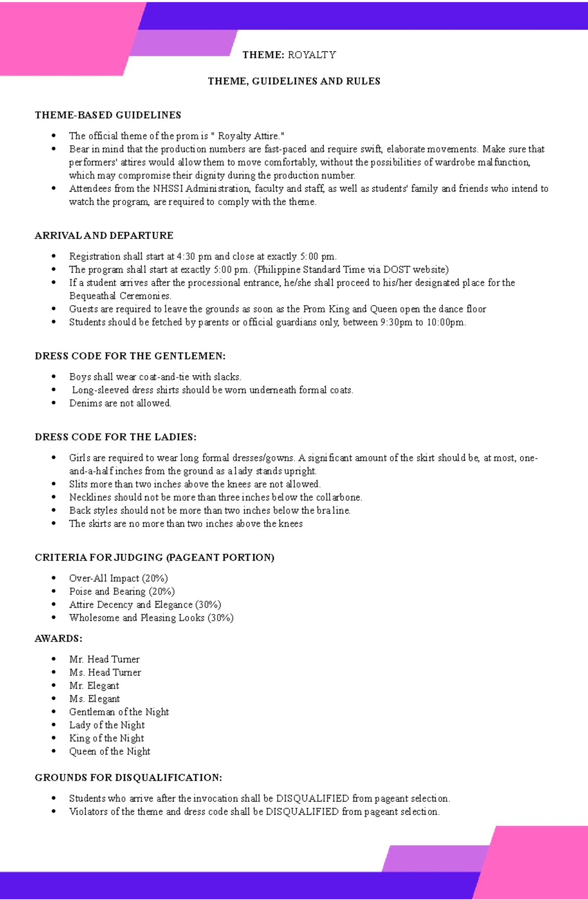 Prom-24-guidelines - thanks - THEME: ROYALTY THEME, GUIDELINES AND ...