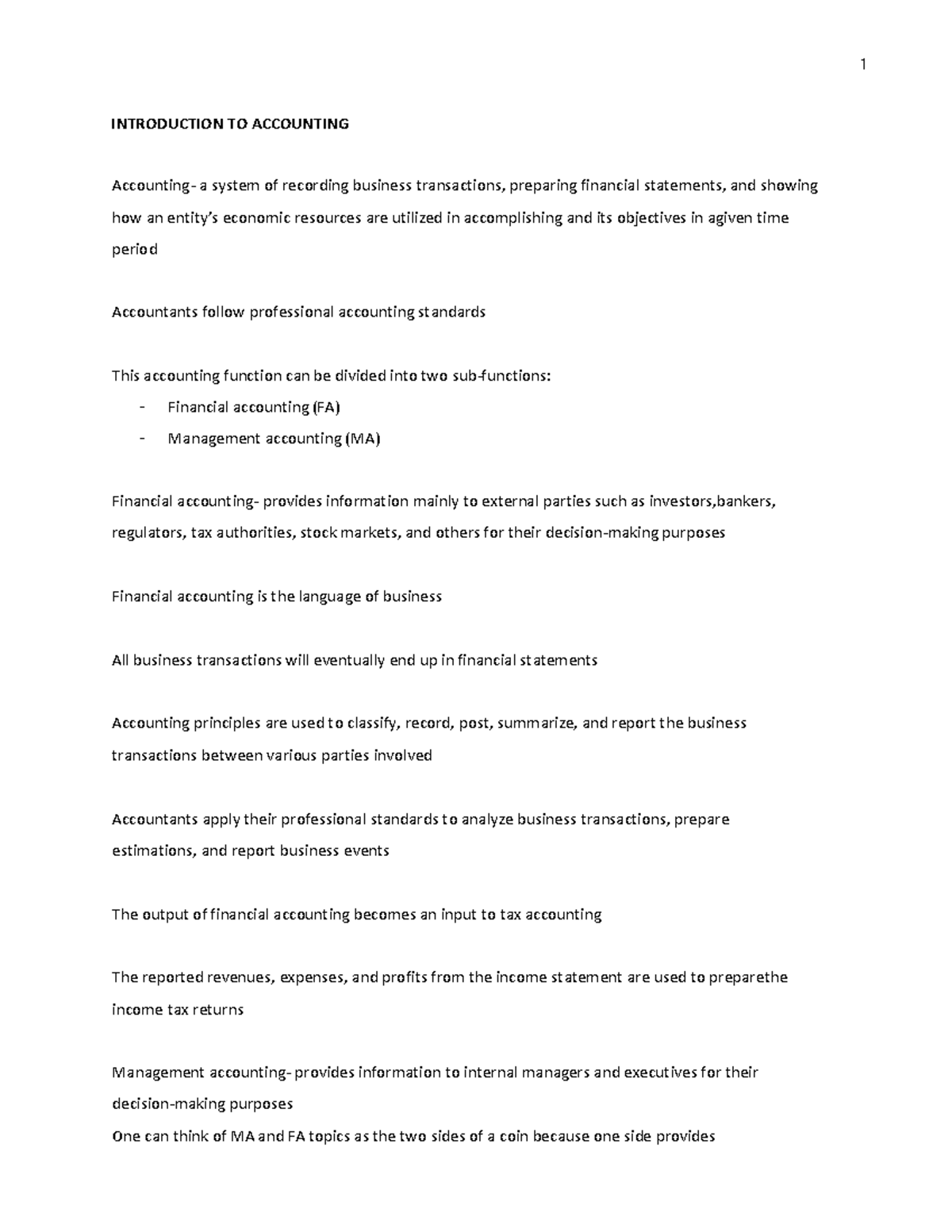 Introduction to Accounting - INTRODUCTION TO ACCOUNTING Accounting- a ...