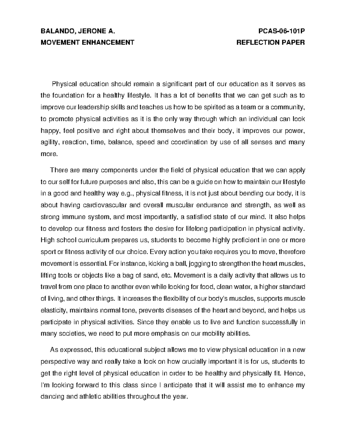 Balando - Reflection Paper - BALANDO, JERONE A. PCAS-06-101P MOVEMENT ...