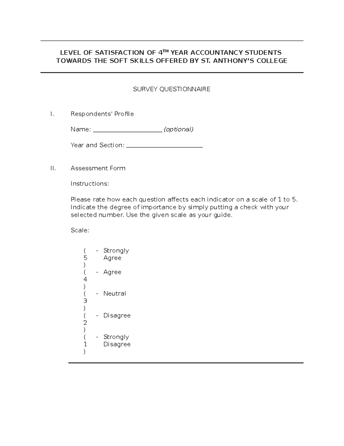 Draft Survey Questionnaire - LEVEL OF SATISFACTION OF 4TH YEAR ...