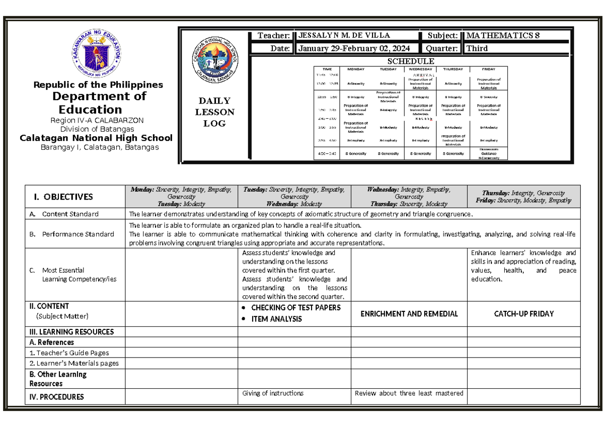WEEK 1 - Daily Lesson Log - Republic of the Philippines Department of ...