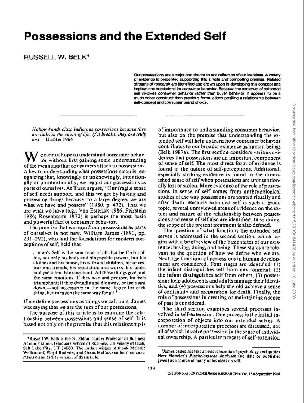 Belk 1988 Posessions And The Extended Self - Possessions and the ...