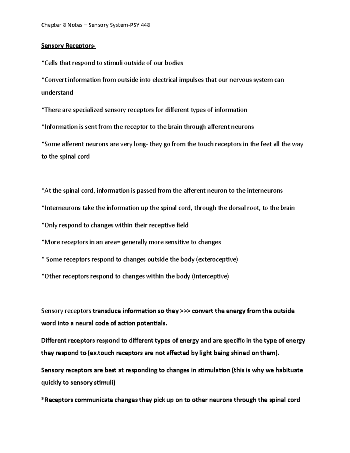 Sensory System Notes - Chapter 8 Notes – Sensory System-PSY 448 Sensory ...