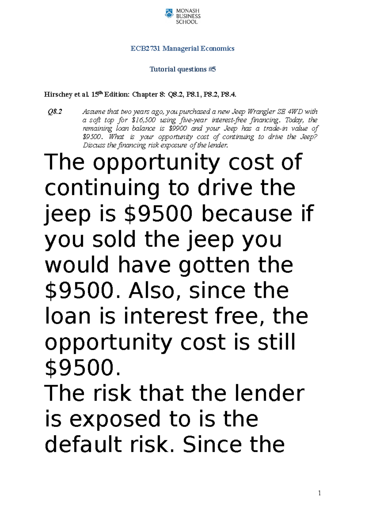 Tutorial questions #5 Cost analysis - ECB2731 Managerial Economics ...