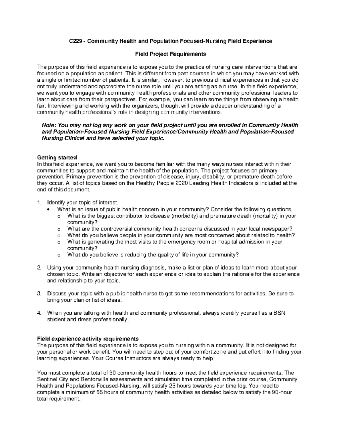 Field Project Requirements - C229 - Community Health and Population ...