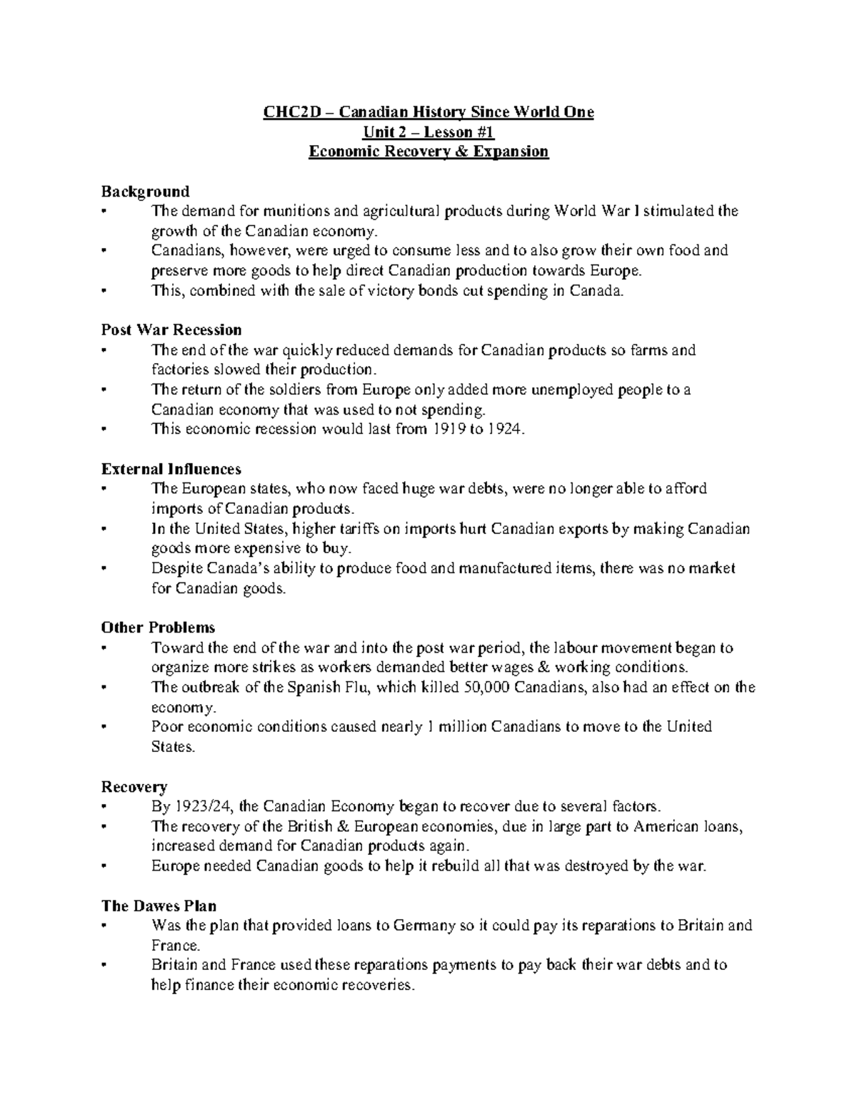 Course Notes 2.1 Economic Recovery - CHC2D – Canadian History Since ...