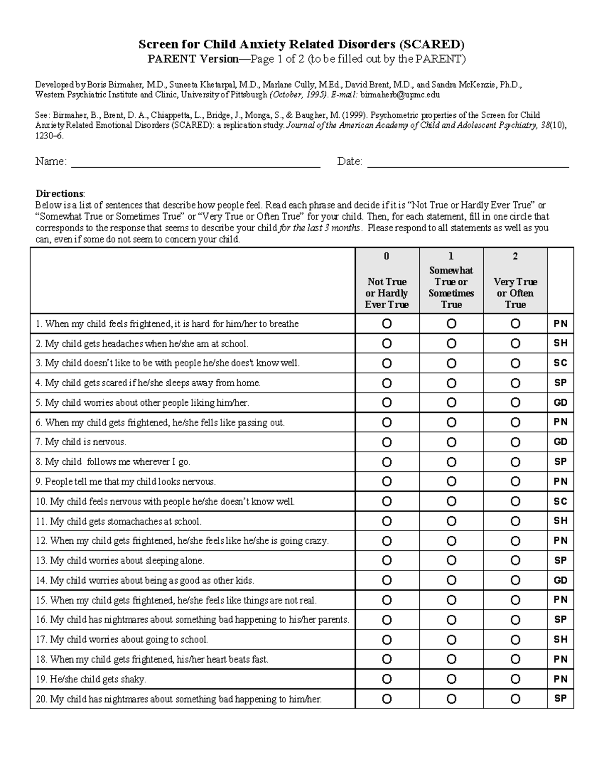 Scaredparent anxiety screen tool for parents to fill - Screen for Child Anxiety Related ...