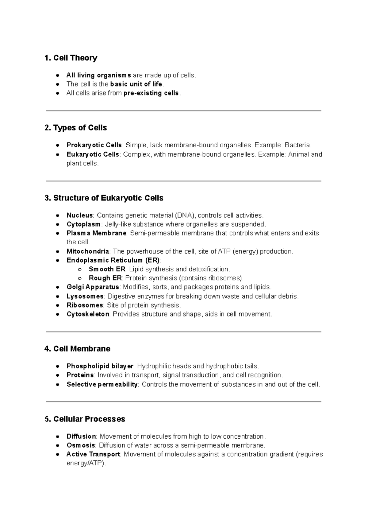 Cell biology - summarized notes - 1. Cell Theory All living organisms ...