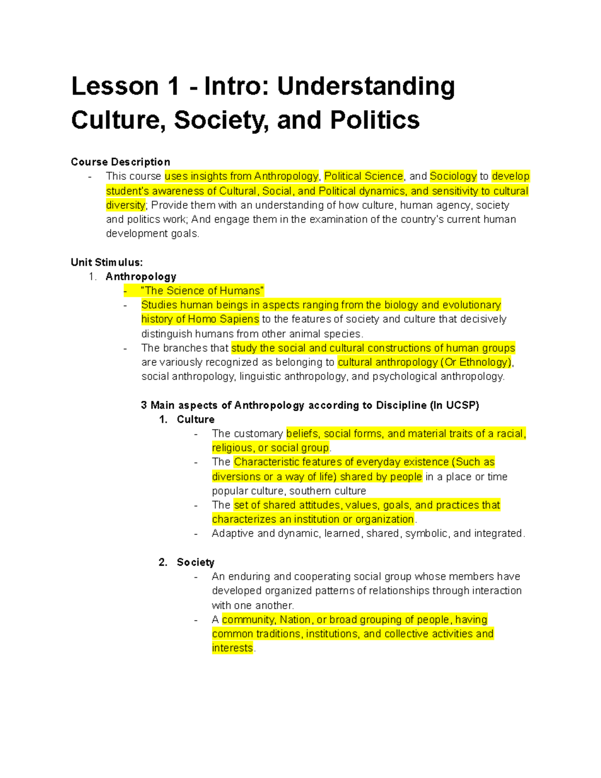 UCSP - Reviewer Quz 1 - Lesson 1 - Intro: Understanding Culture ...